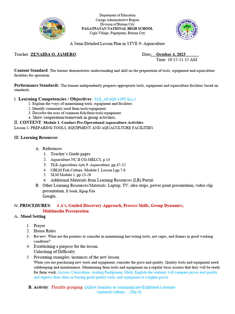 STVE 9 Aquaculture Lesson Plan | PDF | Learning | Educational Technology
