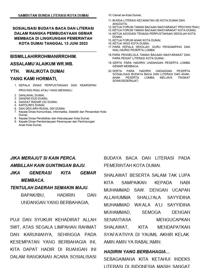 Sambutan Bunda Literasi Dumai Pendopo | PDF