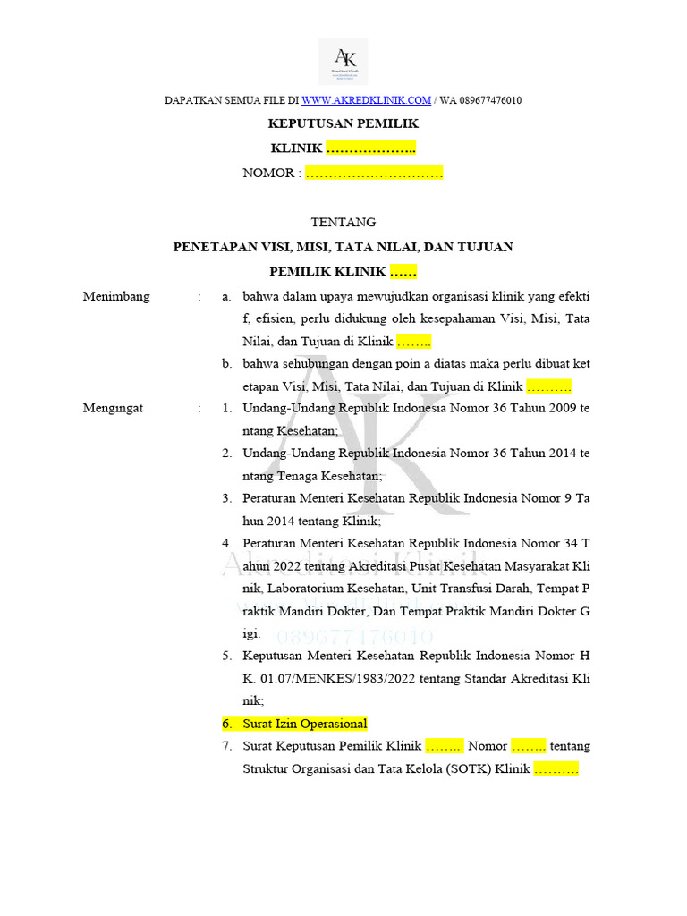 SK Tentang Visi, Misi, Tata Nilai, Dan Tujuan Klinik (TKK 1) | PDF