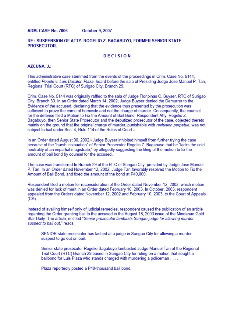 ADM. CASE No. 7006 October 9, 2007 | PDF | Bail | Prosecutor