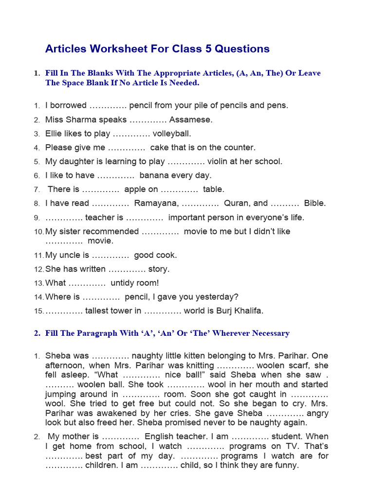 Articles Worksheet For Class 5 Questions | PDF