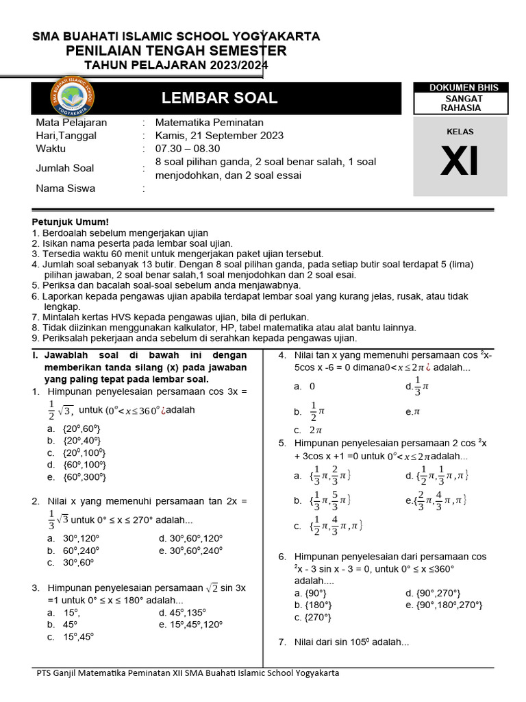 Soal PTS Matematika Kelas XI | PDF