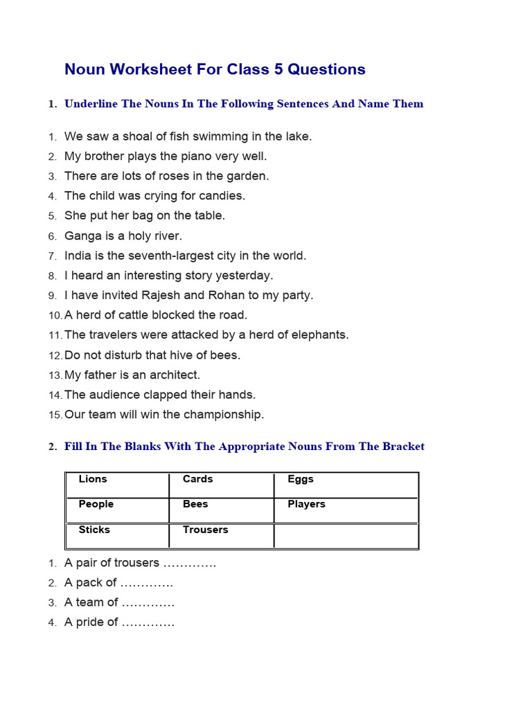 Class 5 Noun Worksheet with Answers | PDF | Art