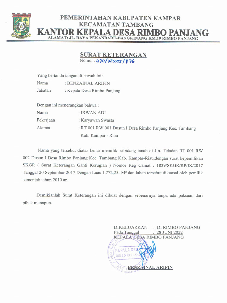 Surat Pernyataan Penguasaan Tanah | PDF