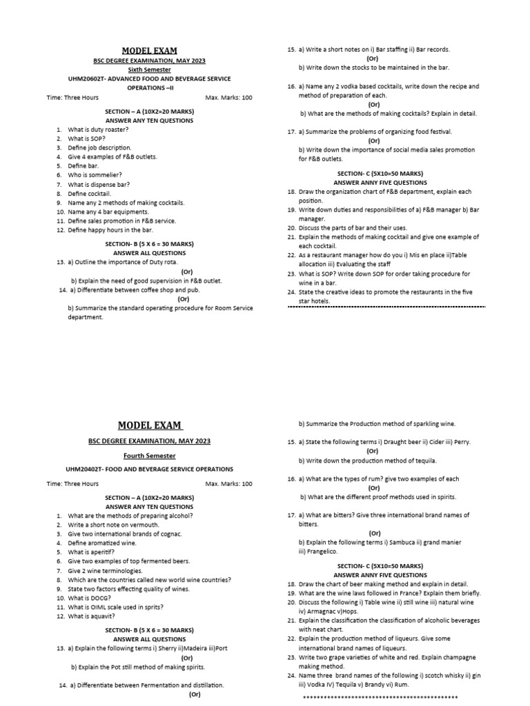 4th&6th Sem - F&B Model QP | PDF