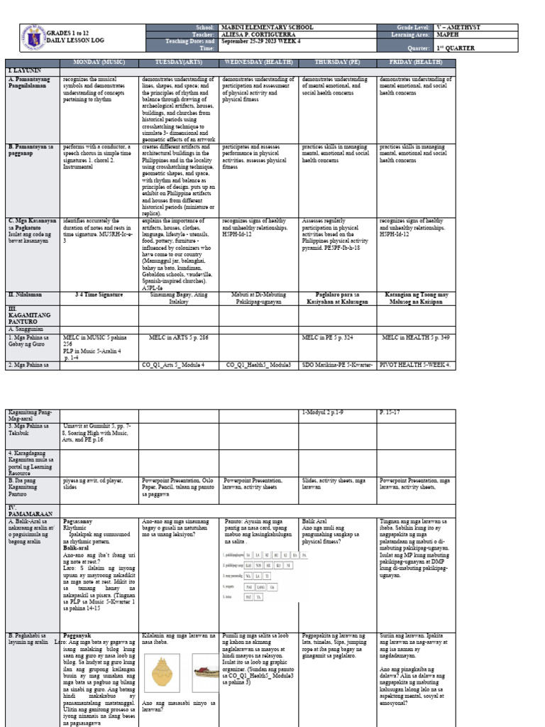 Q1 DLL WK4 Mapeh 5 | PDF | Differentiated Instruction | Cognition