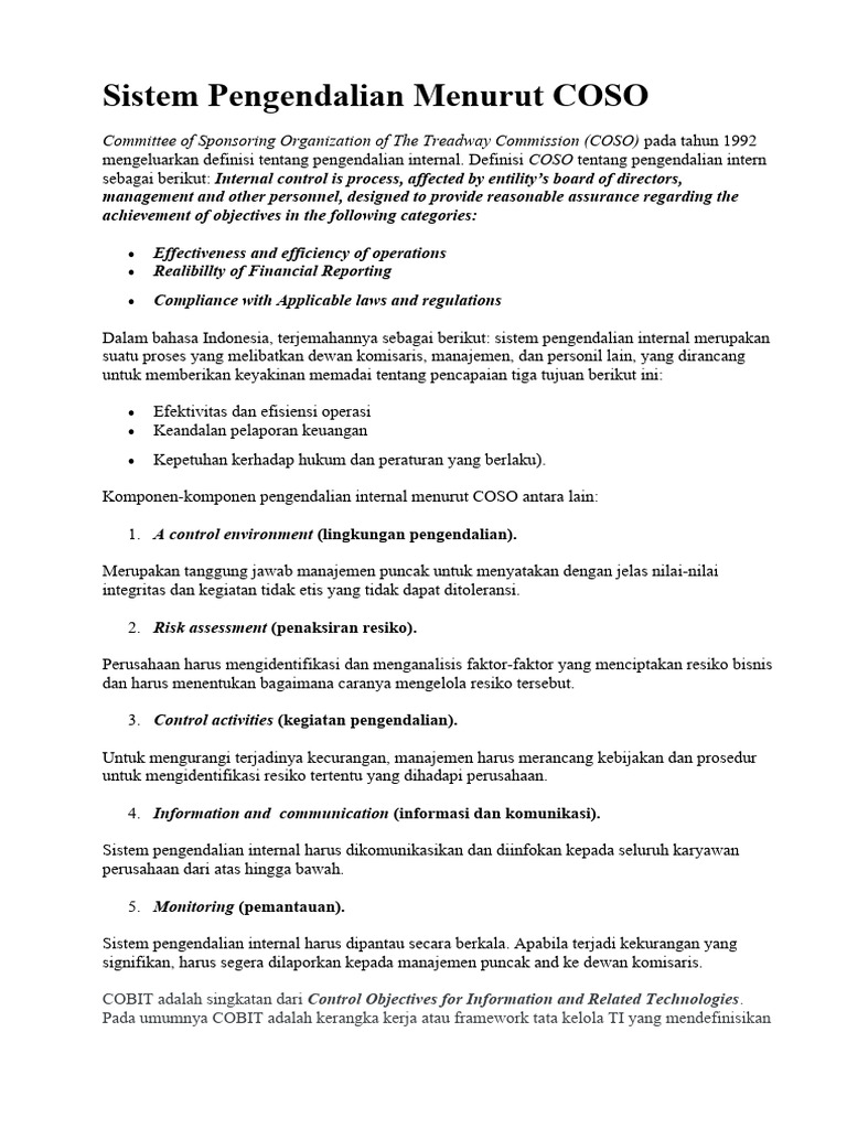 Sistem Pengendalian Menurut Coso Dan Cobit Pdf
