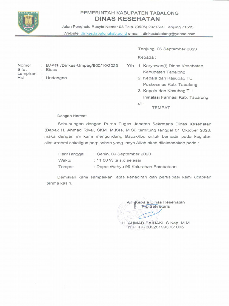 Undangan Silaturahmi Purna Tugas Sekretaris Dinas Kesehatan10062023 | PDF Undangan Silaturahmi Purna Tugas Sekretaris Dinas Kesehatan10062023 | PDF