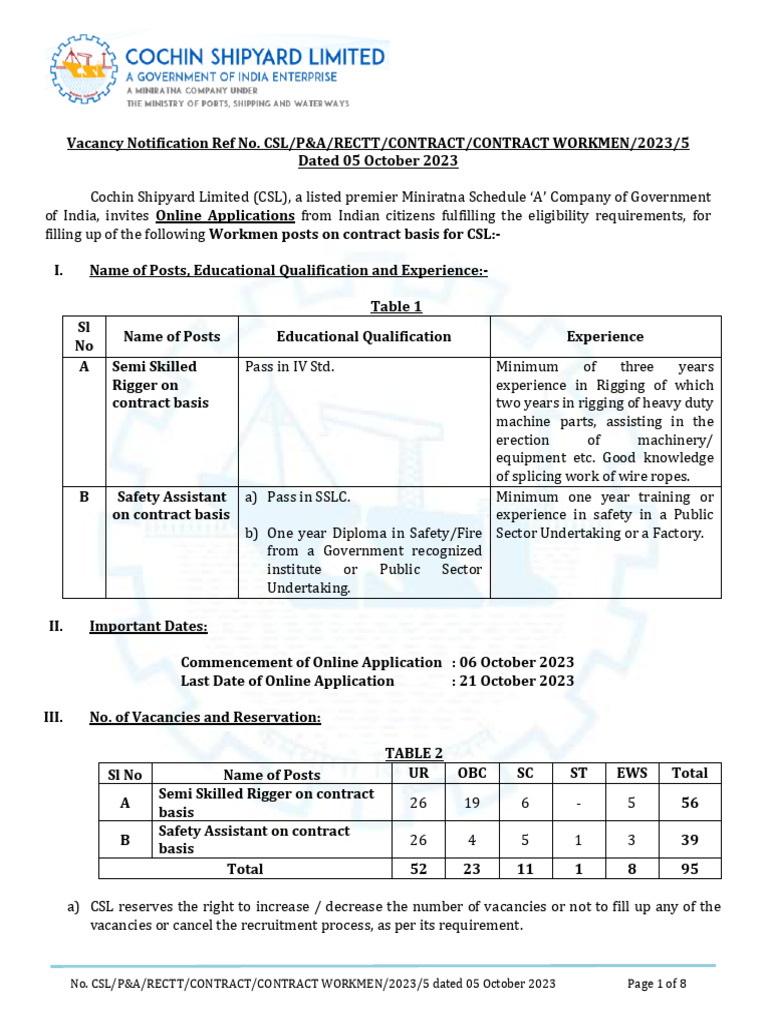 CSL Safety Assistant and Semi Skilled Rigger Recruitment Notification ...