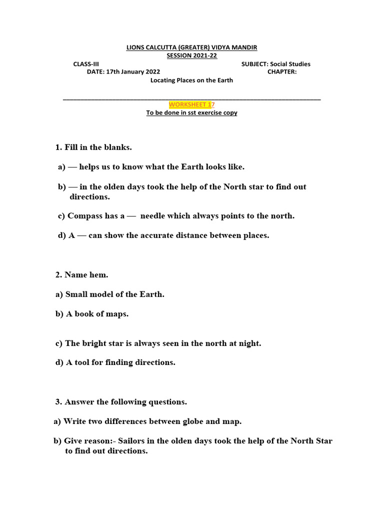 CLASS - 3 - SST Worksheet 17 | PDF