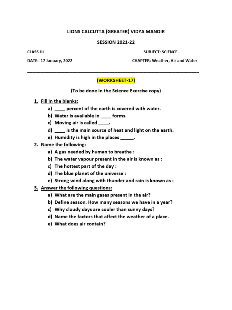 Class 3 Science Worksheet 17 for 17.1.2022 | PDF