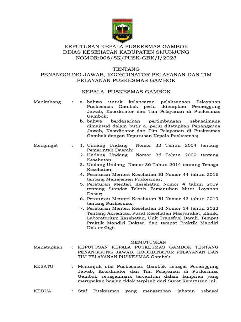 CONTOH SK UNIT LAYANAN BAB I AKRE PUSKESMAS | PDF