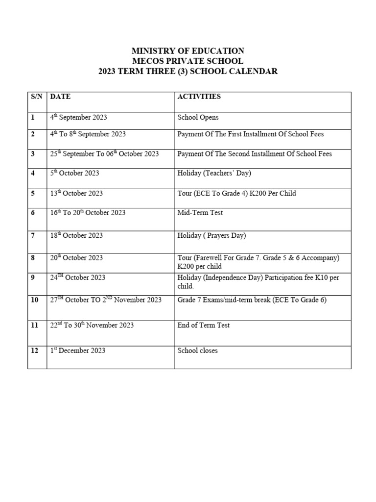 School Calendar For 2023 Term 3.. | PDF