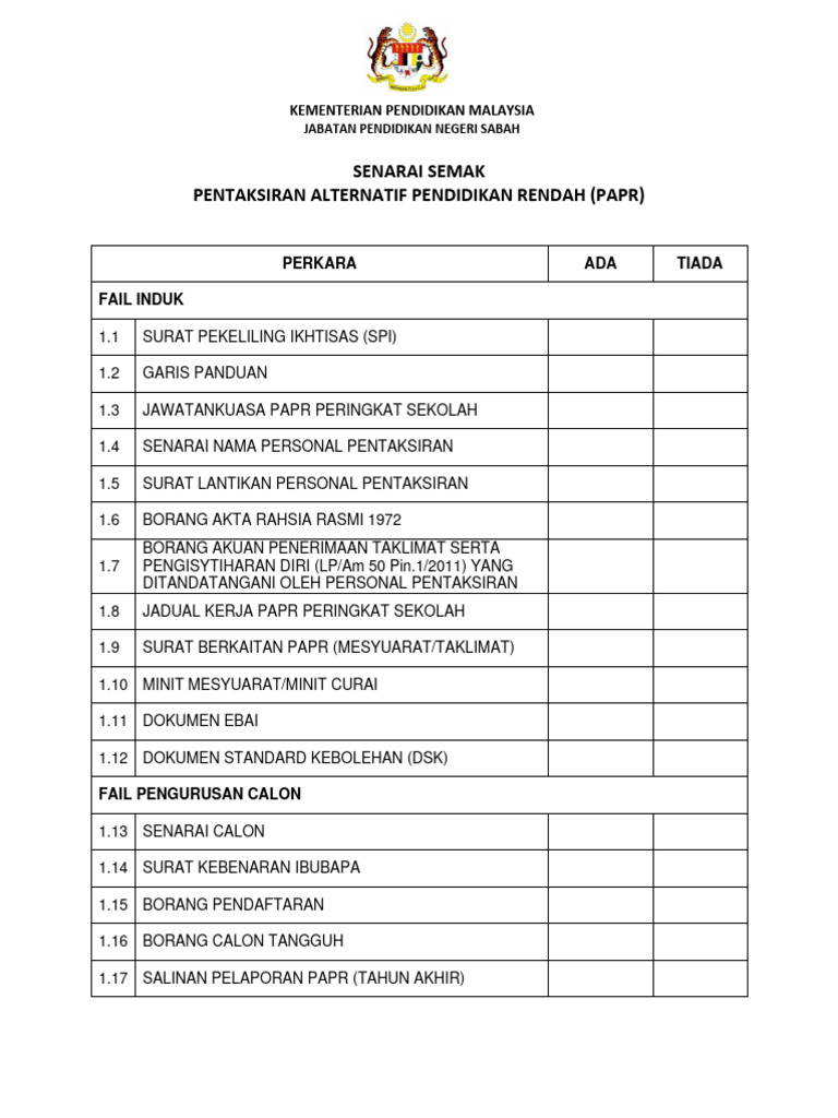 Senarai Semak Fail Papr | PDF