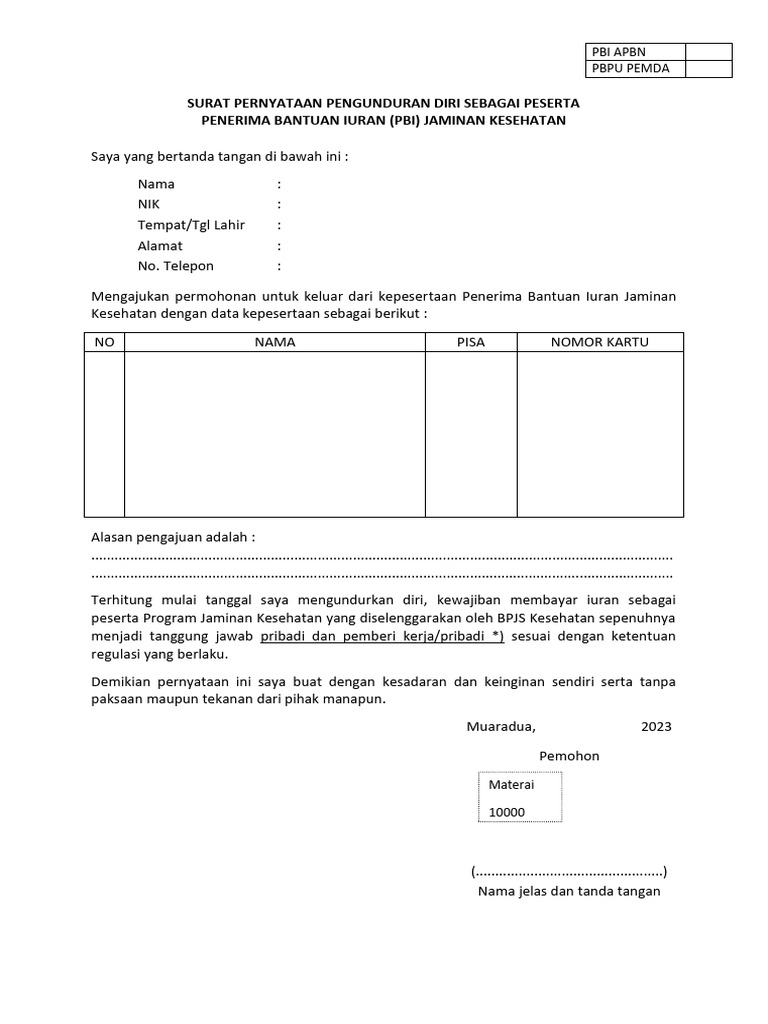 Form SURAT PERNYATAAN KELUAR PBI | PDF