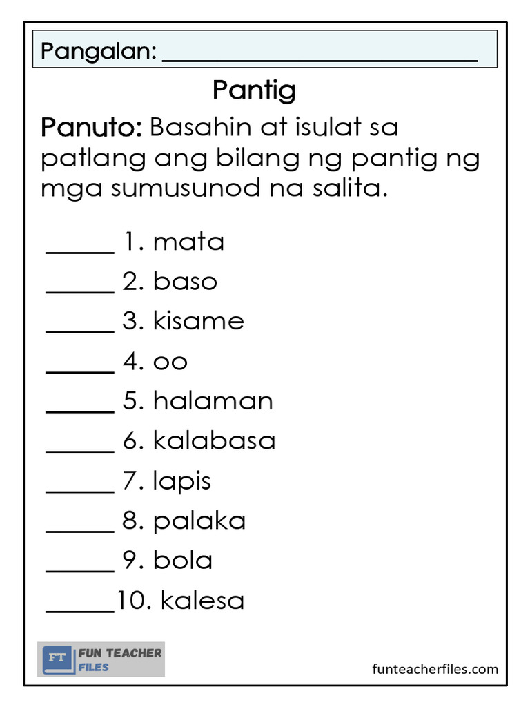 Bilang NG Pantig Worksheets Set 1 | PDF