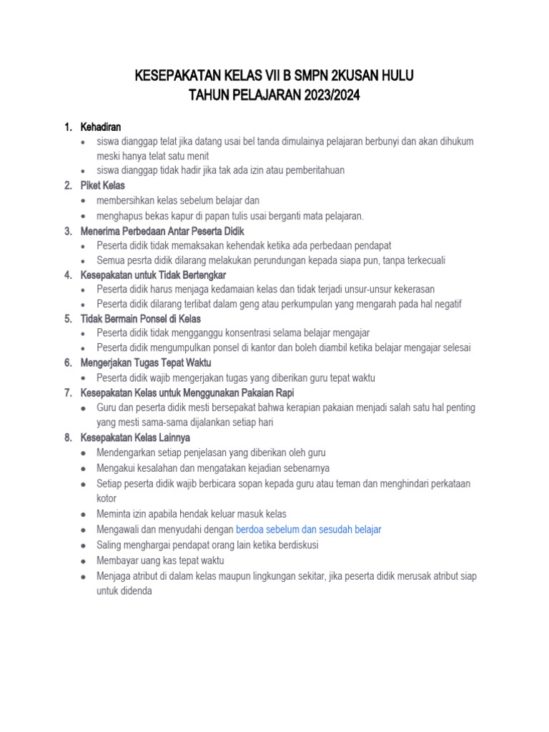 Kesepakatan Kelas Vii B Smpn 2kh Pdf