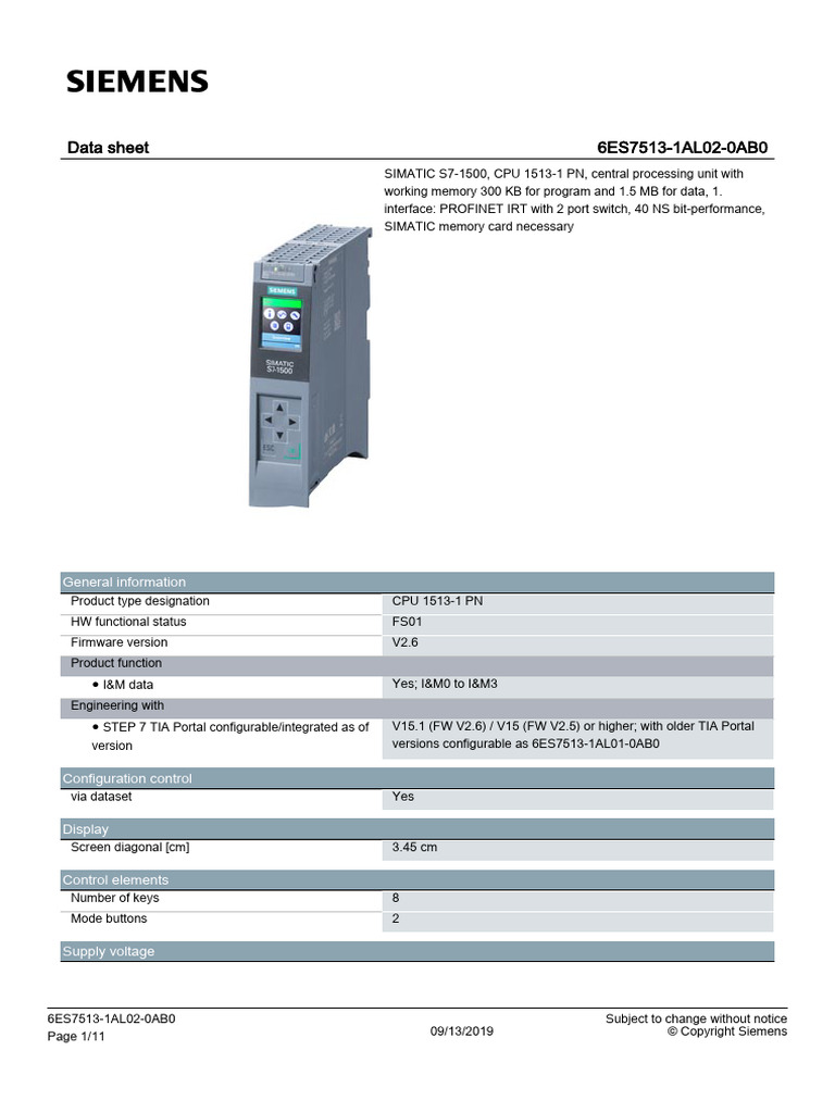 1.S71500 Cpu 1513-1PN (6es75131al020ab0) Datasheet | PDF