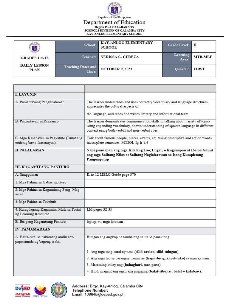 Department of Education: School: Grade Level: Teacher: Learning Area ...