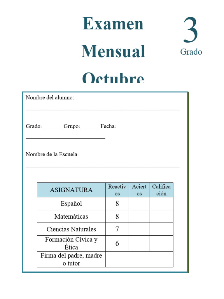 Octubre - 3er Grado - Examen Mensual (2022-2023) | PDF | Evaluación ...