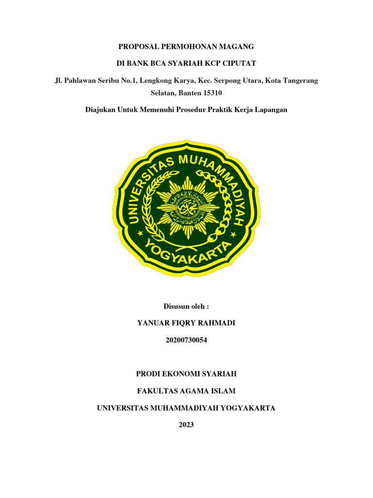 Proposal Permohonan Magang - Yanuar Fiqry Rahmadi - Bank Bca Syariah KCP Ciputat | PDF