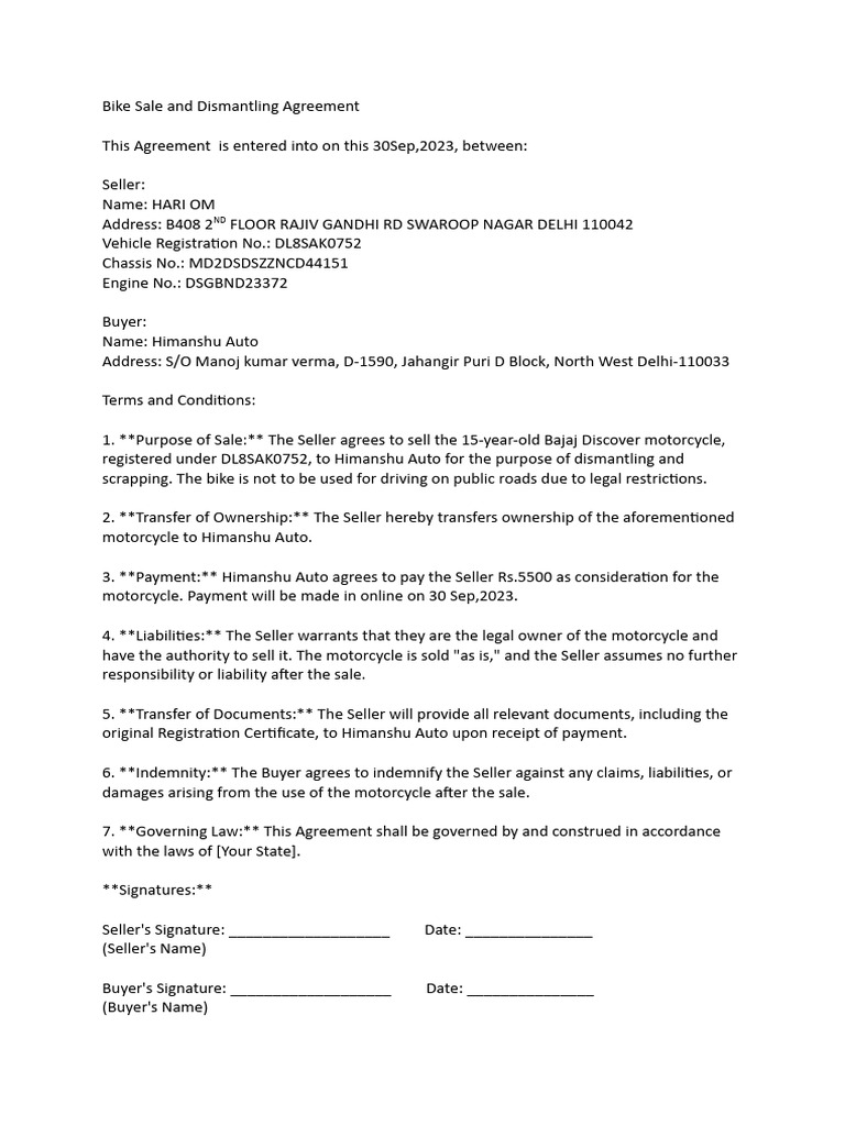 Bike Sale and Dismantling Agreement | PDF