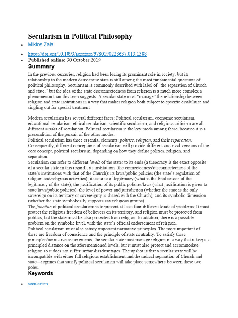 Secularism in Political Philosophy | PDF | Secularism | State (Polity)
