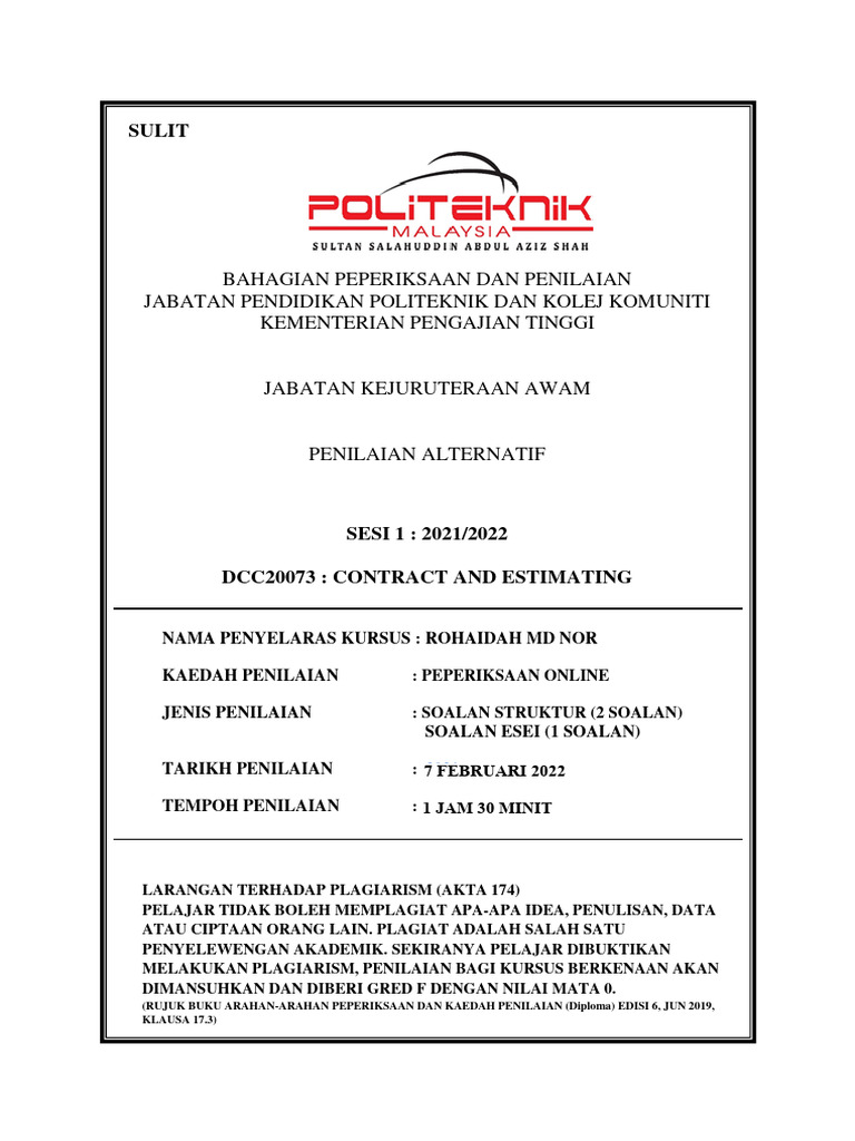 DCC20073 Contract and Estimating | PDF