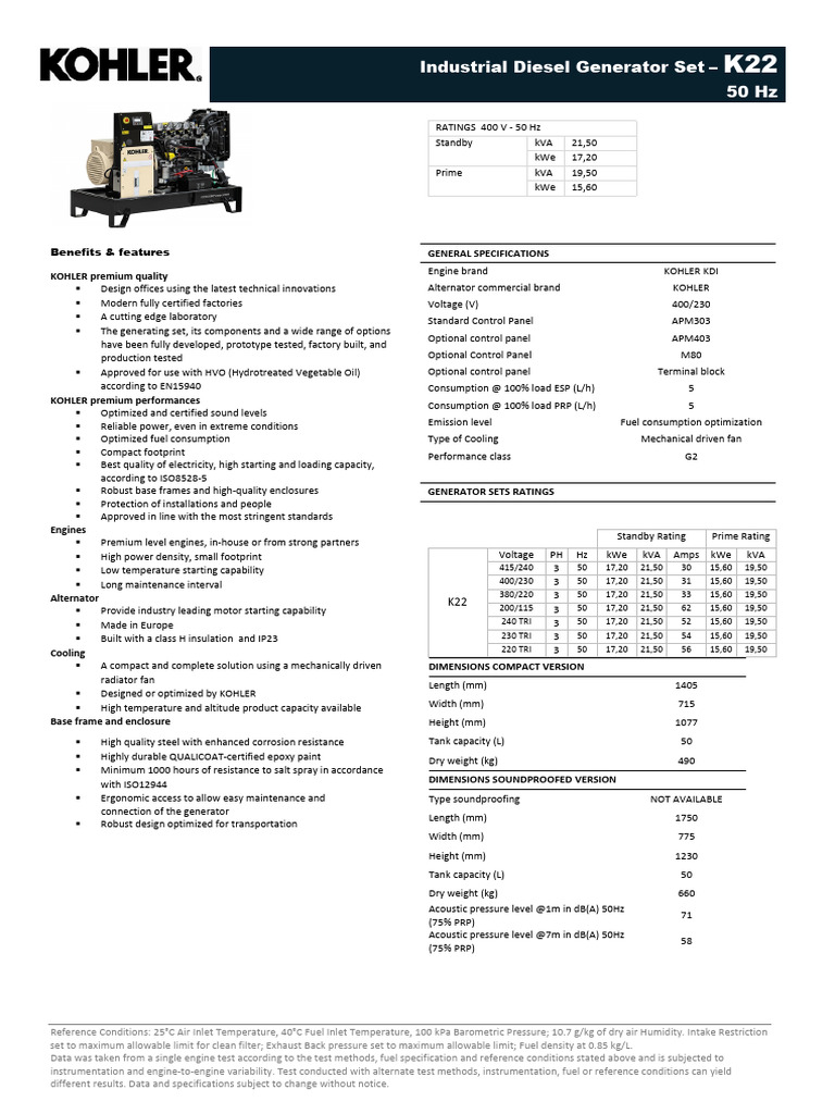 Industrial Diesel Generator Set - 50 HZ: General Specifications KOHLER ...