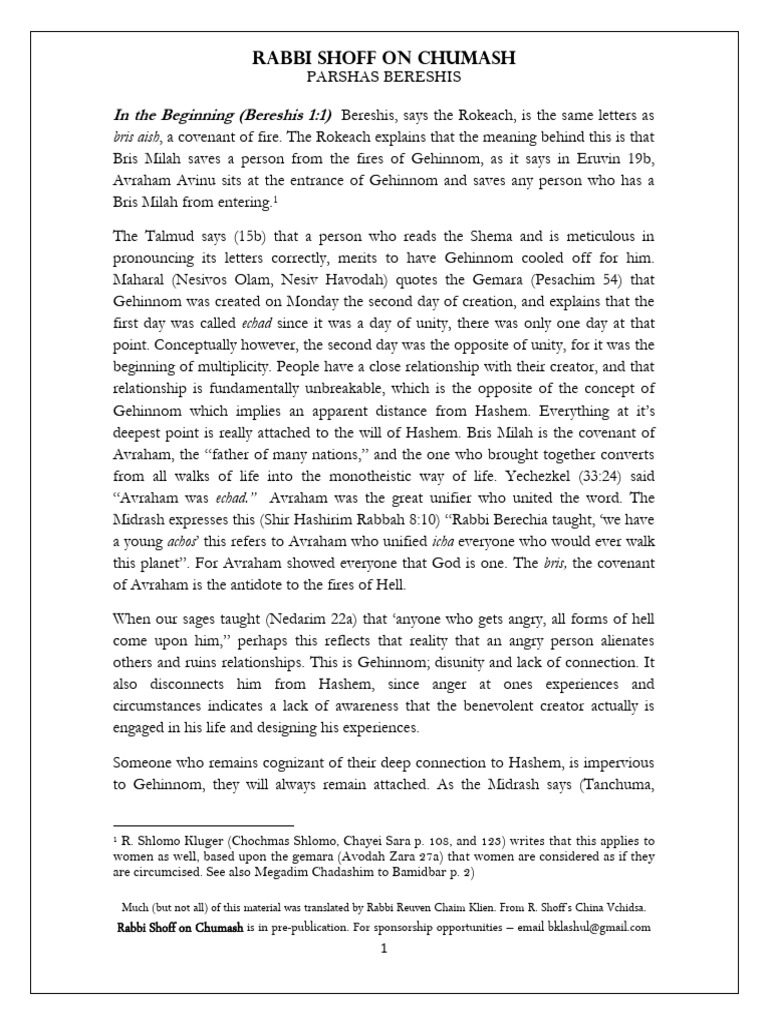 Rabbi Shoff on Bereshis Insights | PDF | Jewish Holidays | Torah
