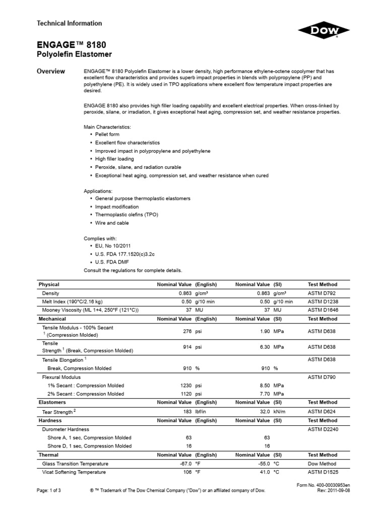 400 00030953en Engage 8180 Tds | PDF | Polyethylene | Materials