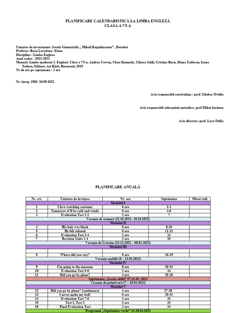 Planificare Engleza Clasa A6a 2022 2023 | PDF