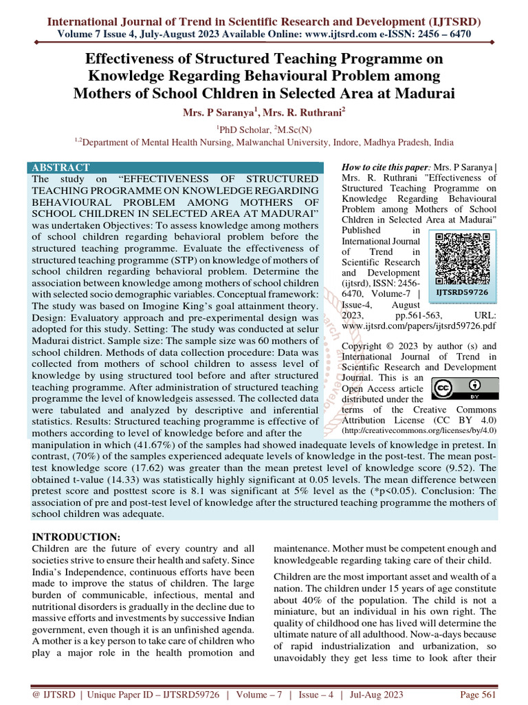 Effectiveness of Structured Teaching Programme On Knowledge Regarding Behavioural Problem Among ...