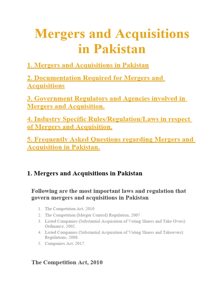 Mergers and Acquisitions in Pakistan | PDF