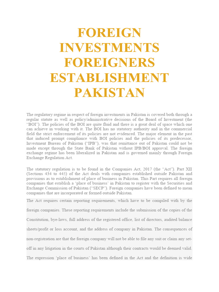 FOREIGN INVESTMENTS FOREIGNERS ESTABLISHMENT PAKISTAN | PDF | Notary ...