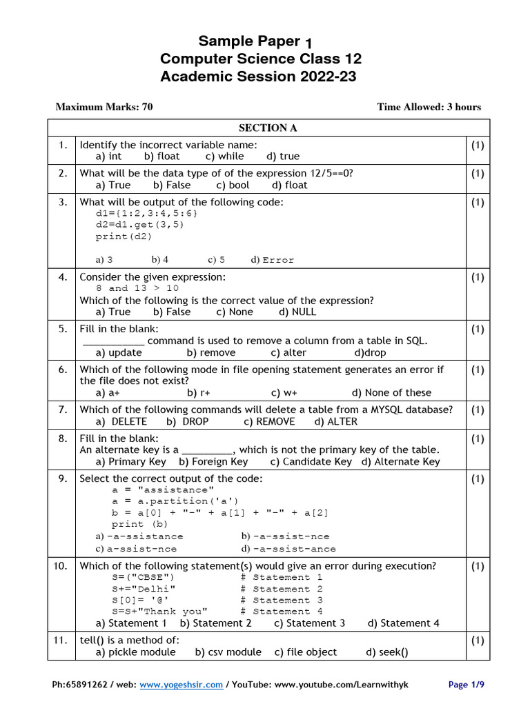 Sample Paper 1 | PDF