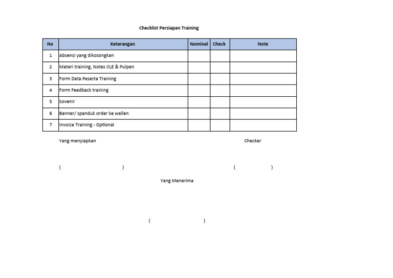 Form Checklist Persiapan Training | PDF