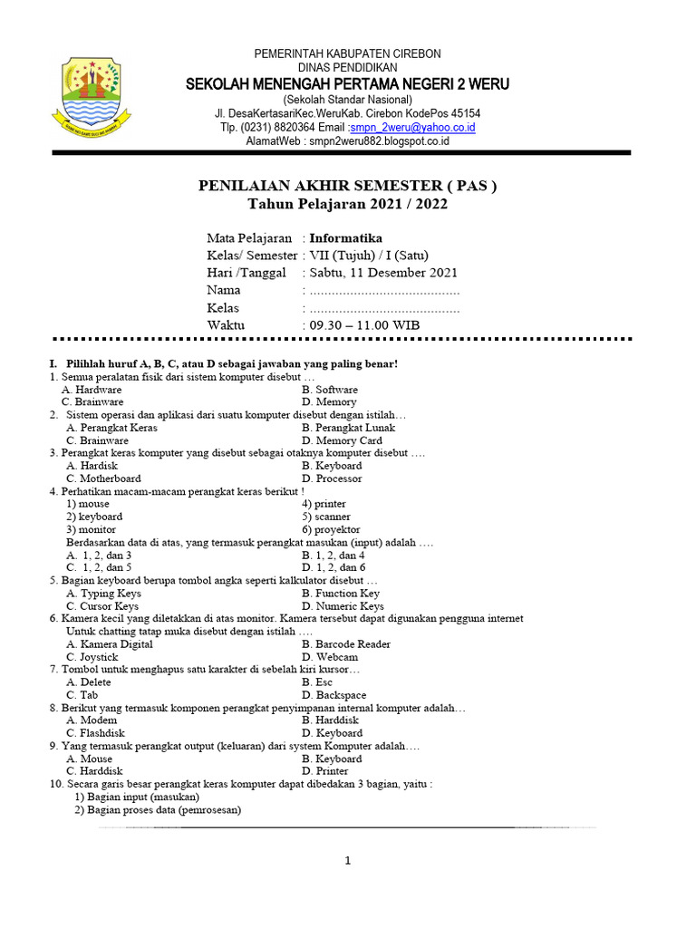 Soal Pas Informatika Kelas 7 | PDF