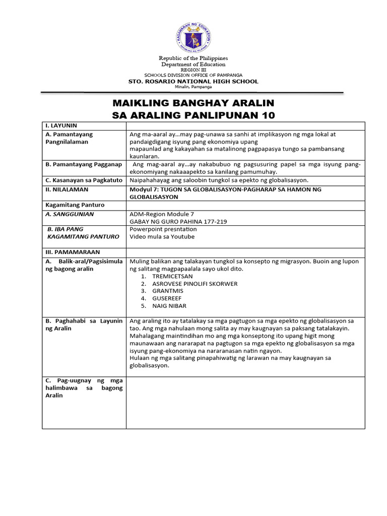 Maikling Banghay-Aralin Sa AP10 | PDF