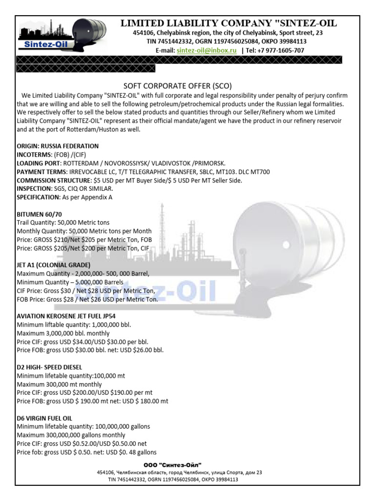 Sintez-Oil Petroleum Product Offer | PDF | Technology & Engineering
