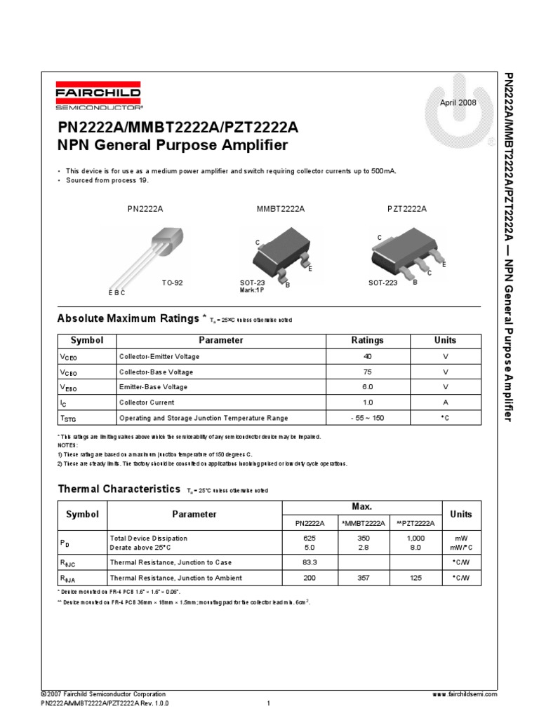 PN2222A/MMBT2222A/PZT2222A NPN General Purpose Amplifier: Absolute ...