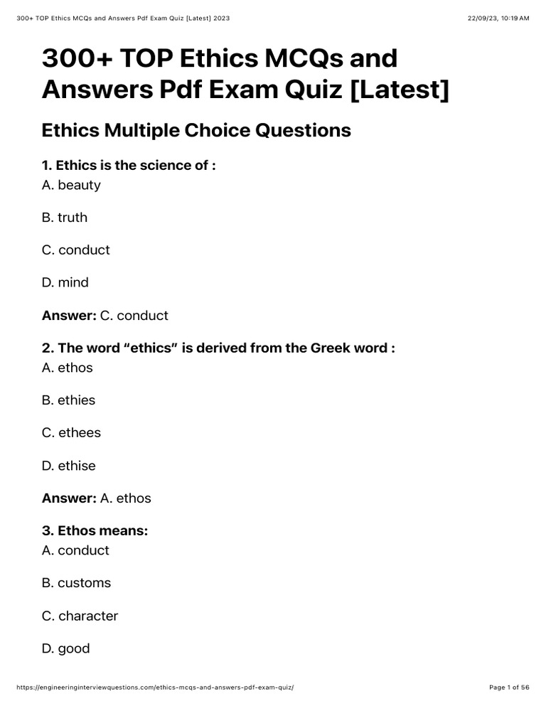 300+ TOP Ethics MCQs and Answers PDF Exam Quiz (Latest) 2023 | PDF ...