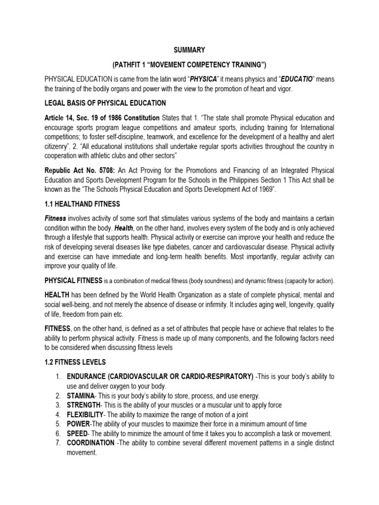 Summary Pathfit 1 | PDF | Physical Fitness | Body Mass Index