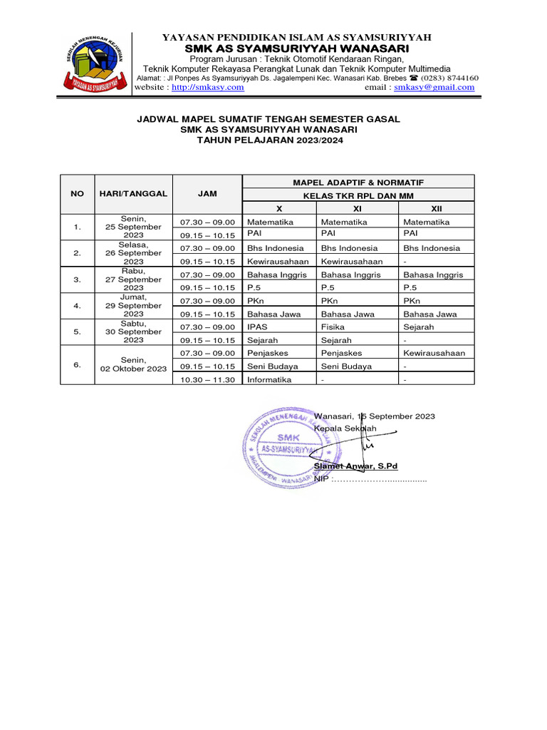 Jadwal Mapel Sts | PDF