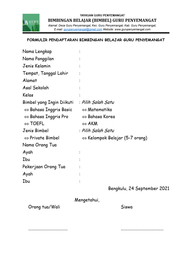 Contoh Formulir Pendaftaran Bimbel | PDF