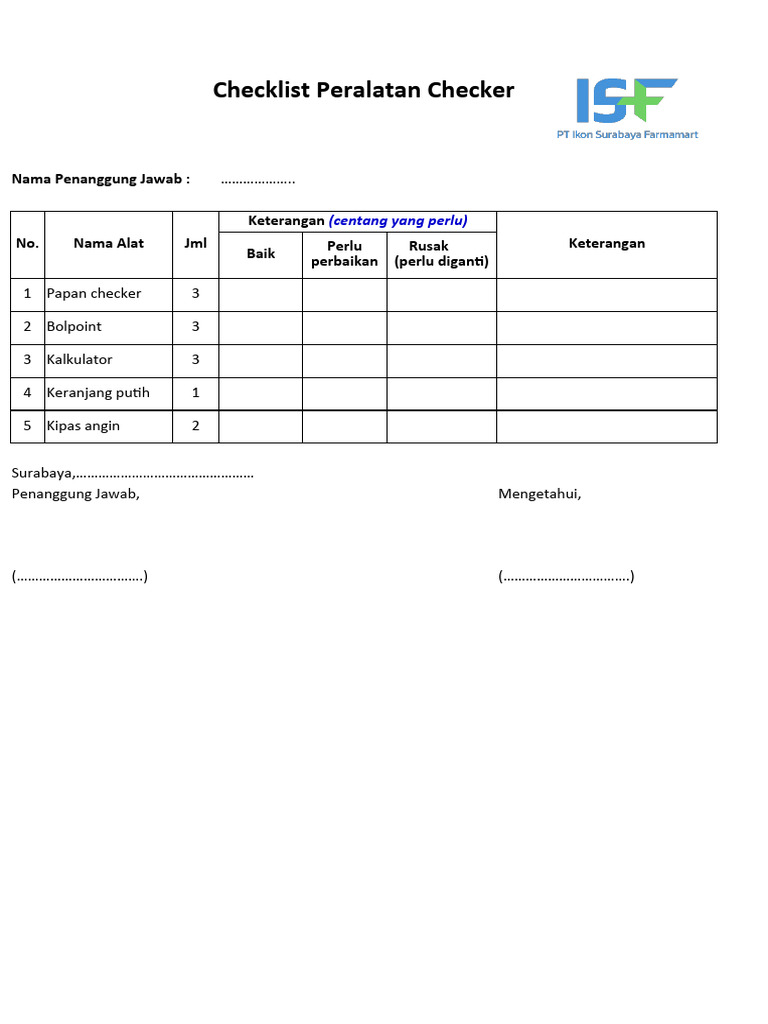 CHECKLIST PERALATAN | PDF