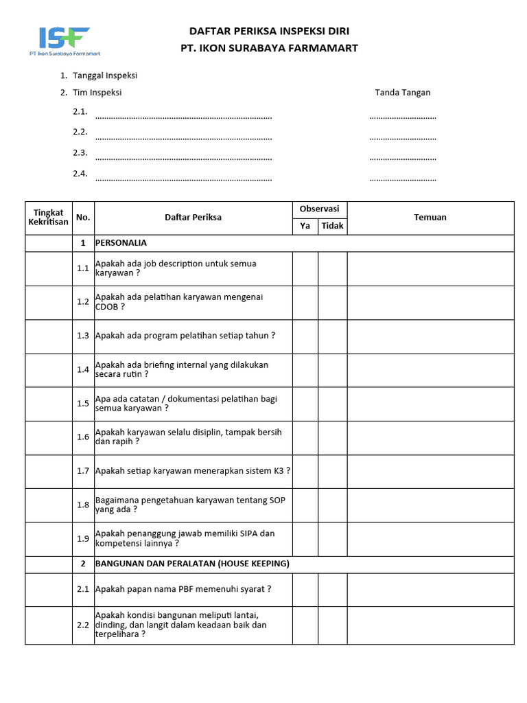 Daftar Periksa Inspeksi Diri | PDF