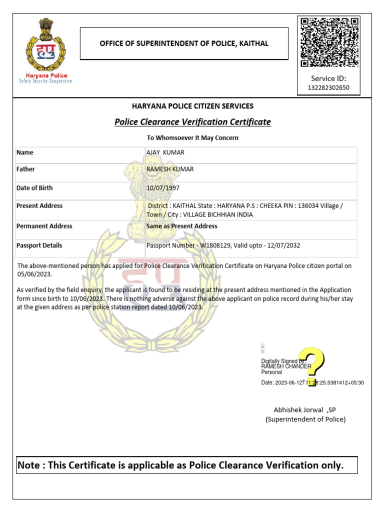 Police Clearance Verification Certificate: Office of Superintendent of Police, Kaithal ...