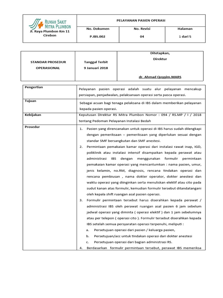 Spo Pelayanan Pasien Operasi | PDF