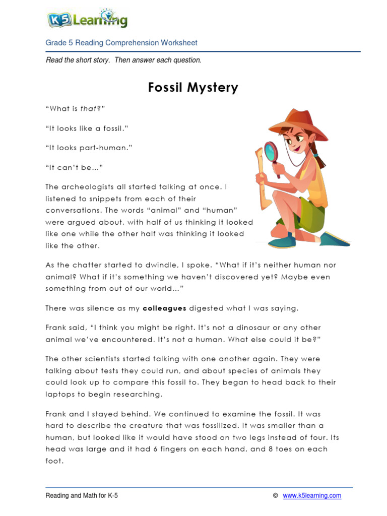 Reading Comprehension Worksheet and Kid's Fable - Fossil Mystery | PDF ...